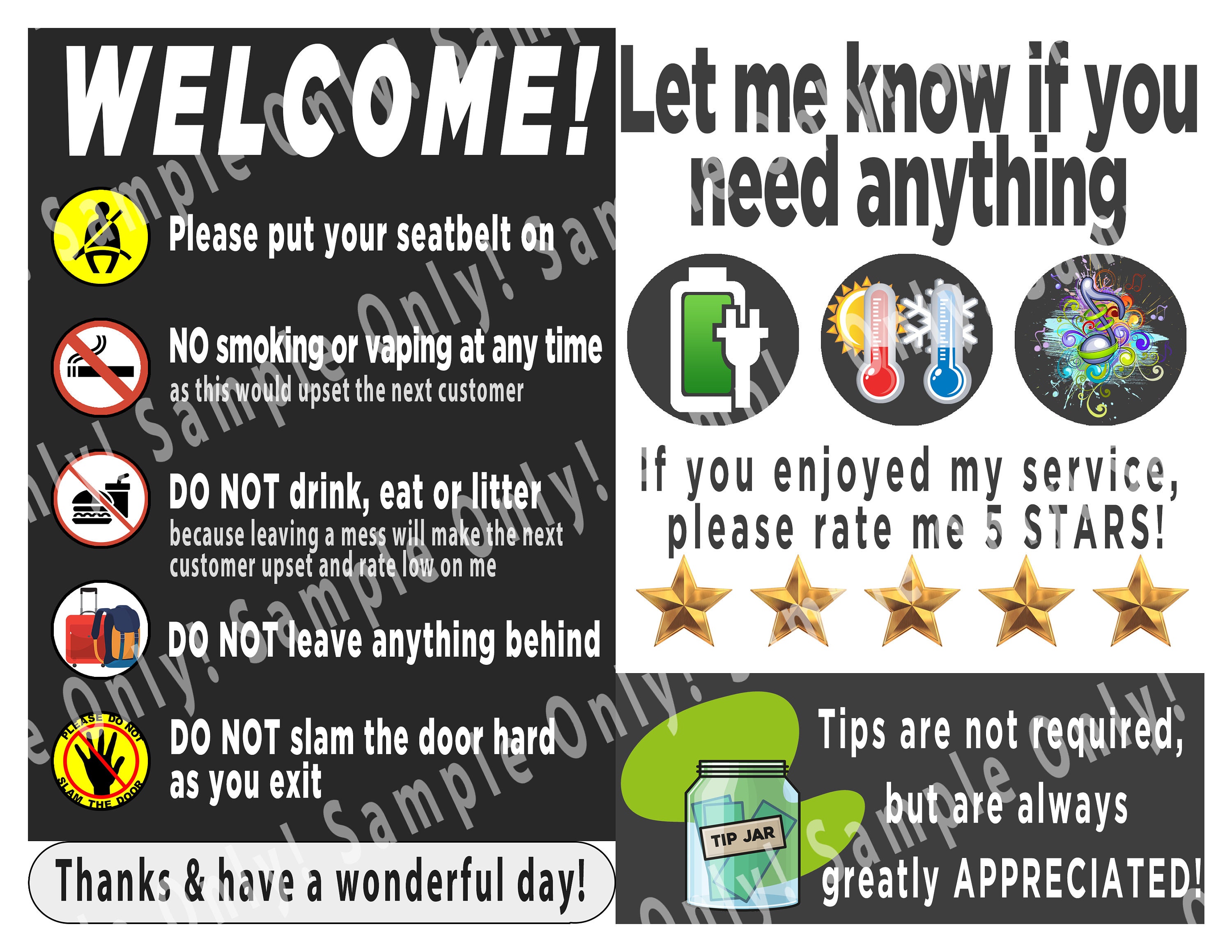 UBER Theme Rideshare Tip and Rating Sign English and Spanish - Etsy