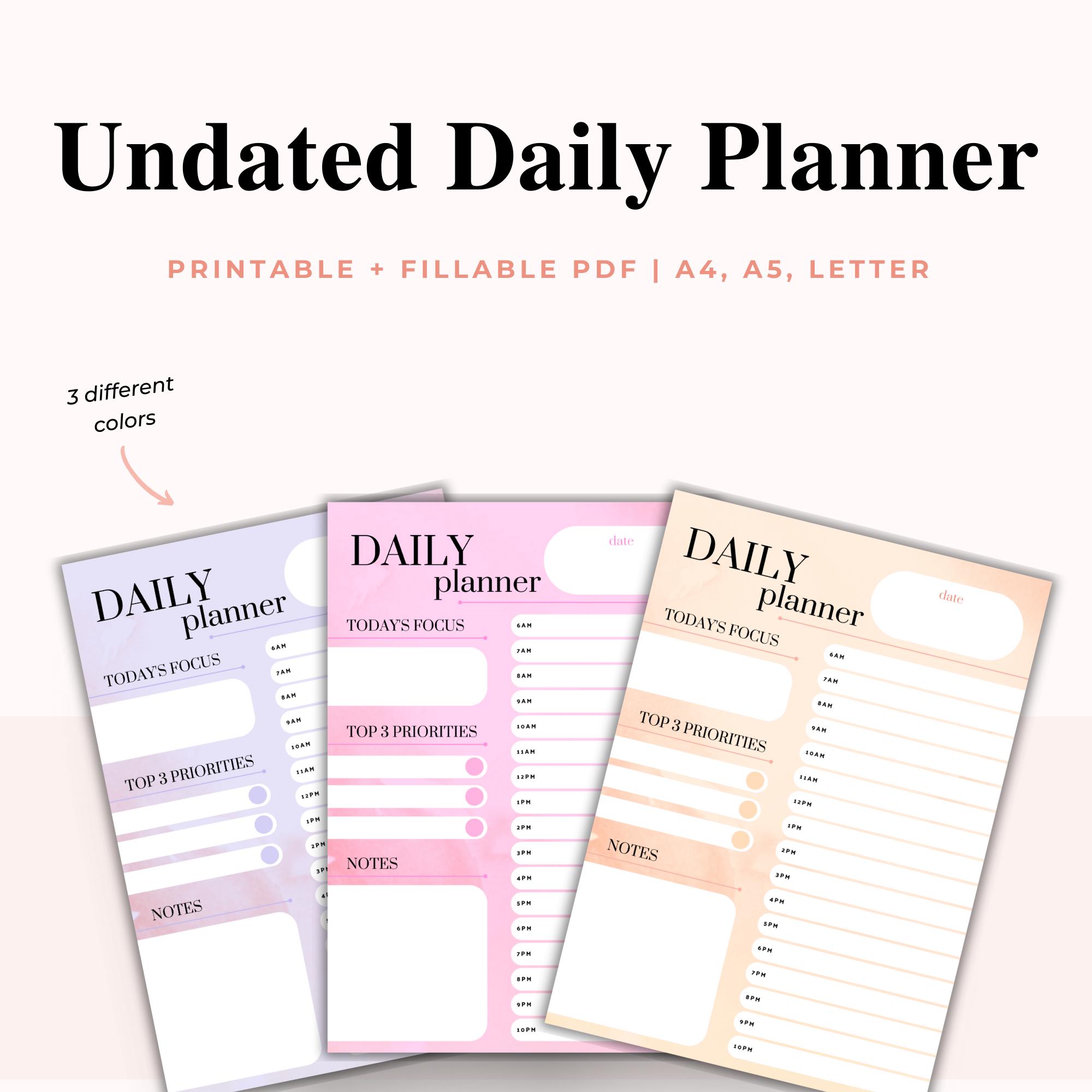 Undated Daily Planner | Fillable & Printable PDF | Instant Download ...