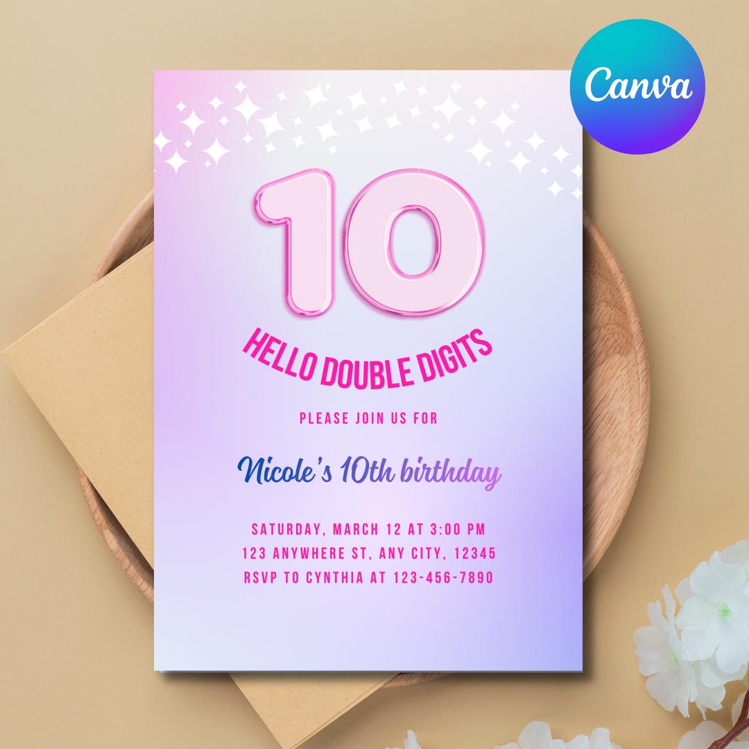 Double Digits Birthday Invitation, 10th Birthday Invite, Hello Double ...