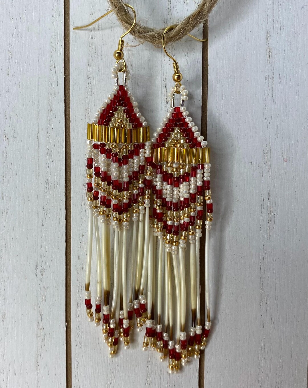 Cream Native American Handmade Porcupine Quill Beaded Fringe Earrings ...