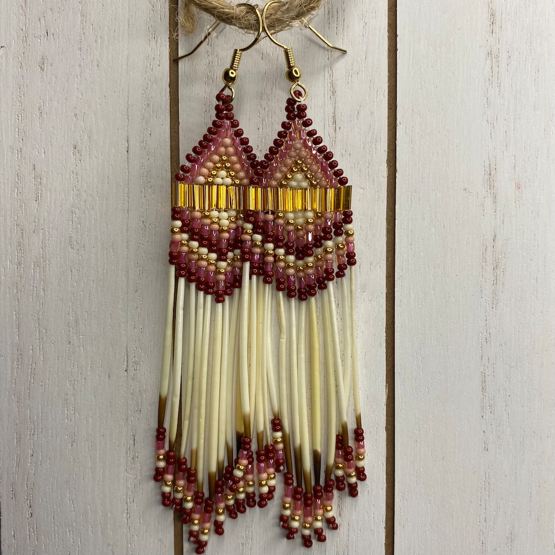Maroon Native American Handmade Porcupine Quill Beaded Fringe Earrings ...