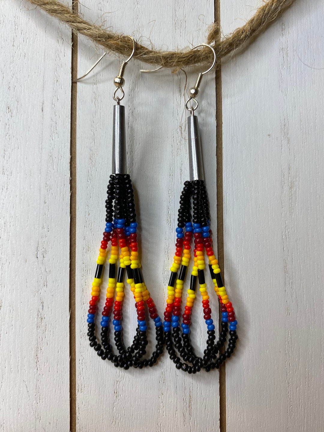 Black Native American Handmade Beaded Dangle Cone Earrings ...