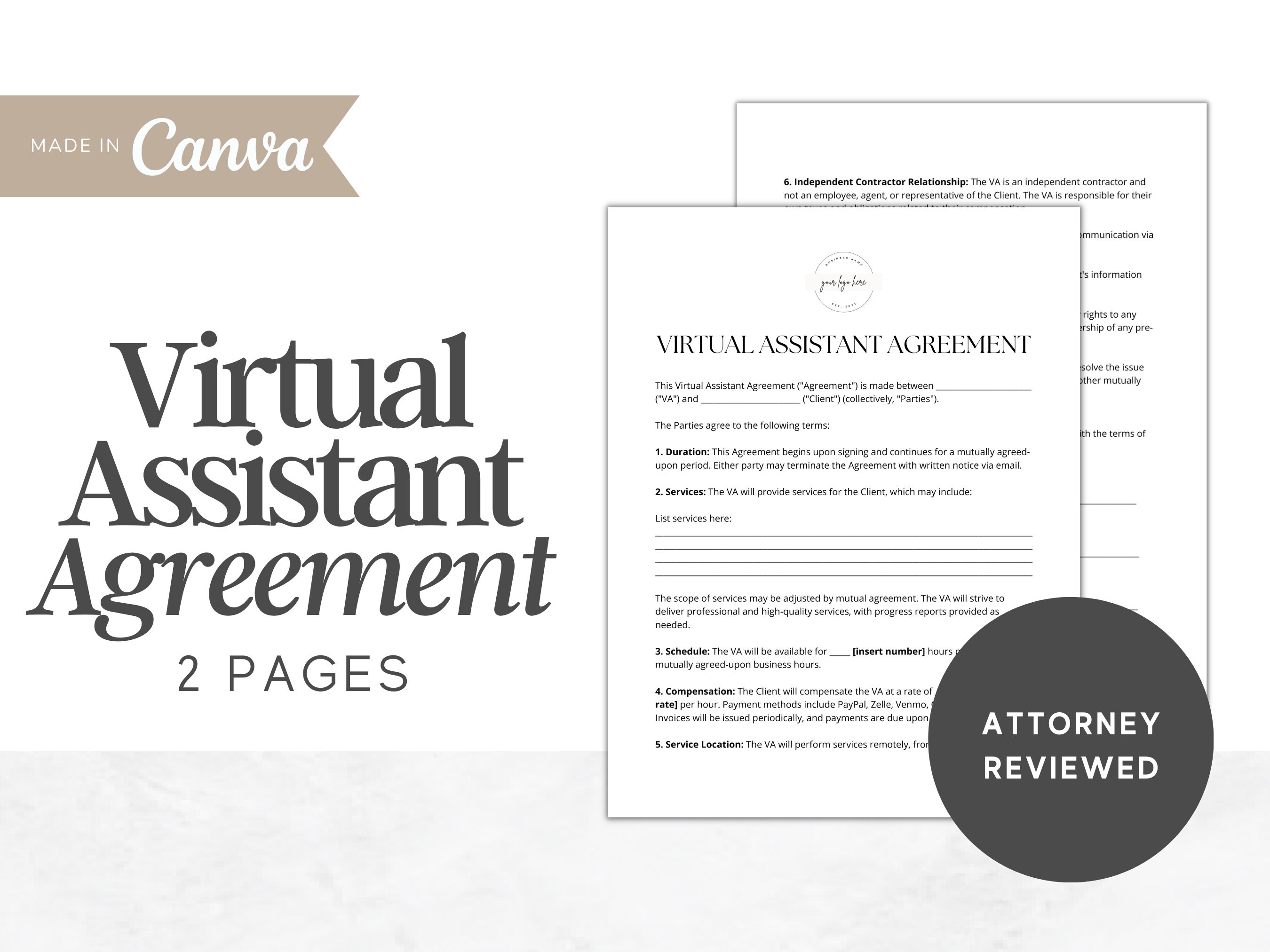 Virtual Assistant Agreement Form, Editable Attorney-reviewed, Virtual ...