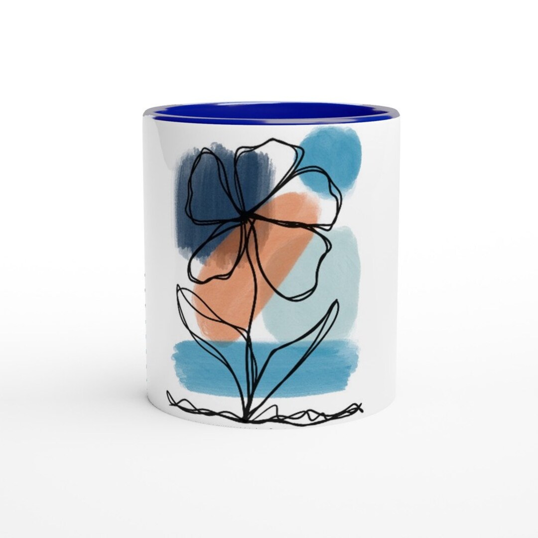 Flower Petals Line Art Blue and Orange and White 11oz Ceramic Mug With ...