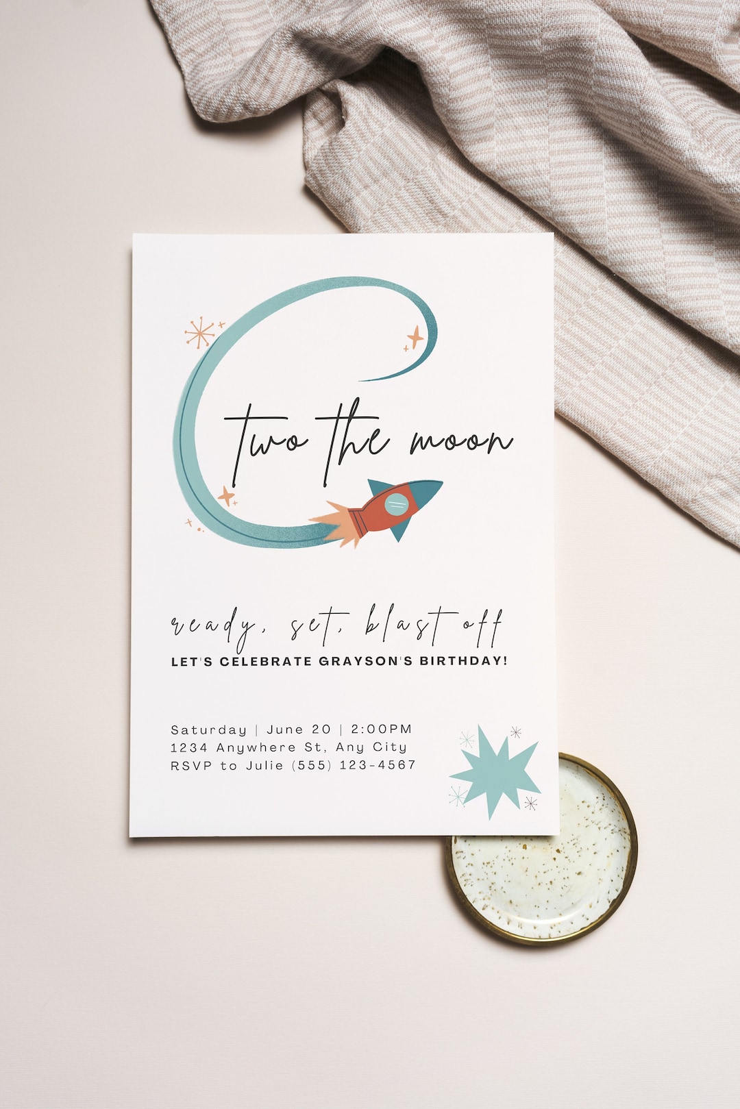Editable Two the Moon Invitation, Second Birthday Invitations, Space ...