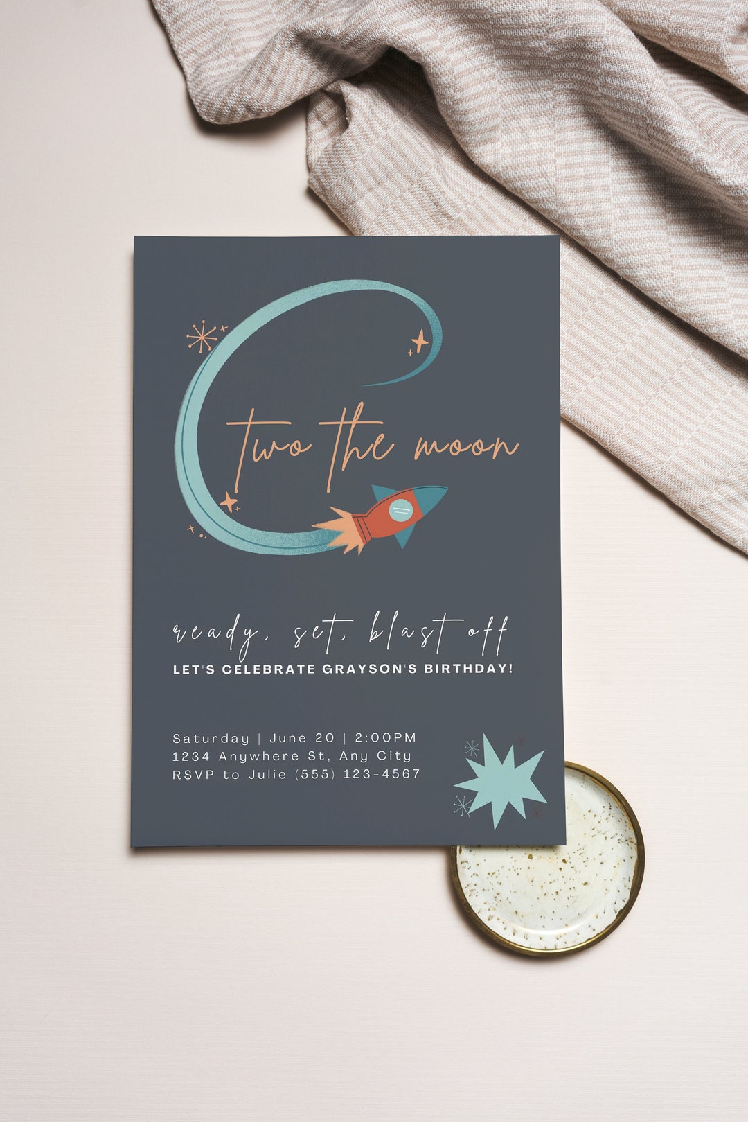 Editable Blue Two the Moon Invitation, Space Theme Birthday Invitation ...