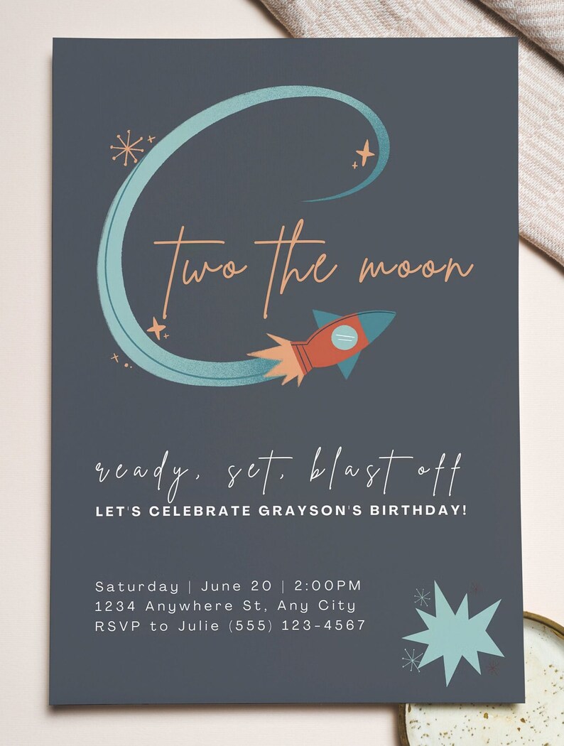 Editable Blue Two the Moon Invitation, Space Theme Birthday Invitation ...