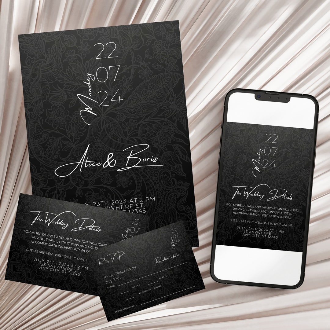 Elegant Wedding Invitation Template Set, Black Floral Wedding Invite ...