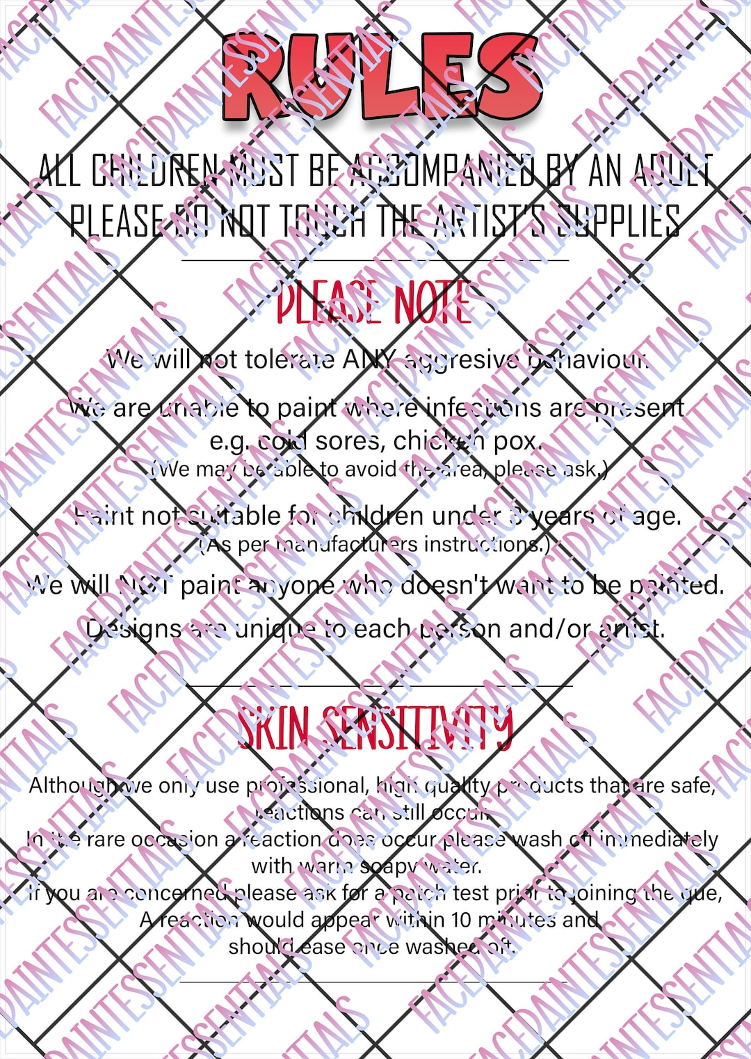 Printable Rules Disclaimer for Face Painters - Etsy