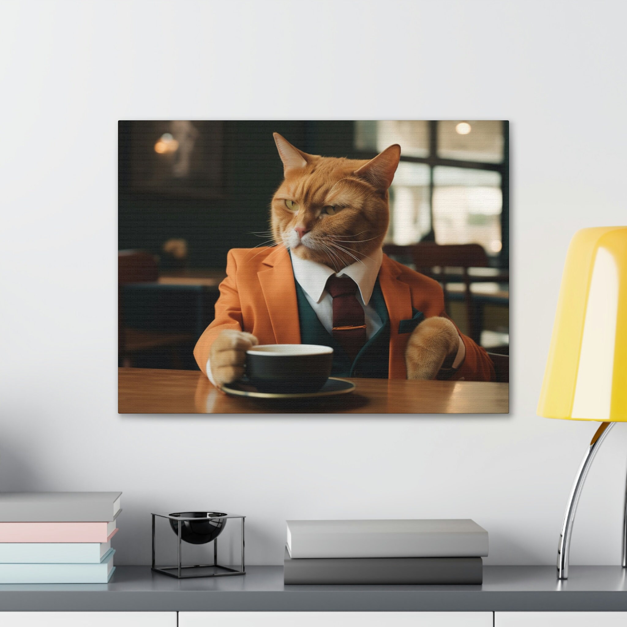Canvas Orange Cat in a Suit Drinking Coffee Canvas Wall Art - Etsy