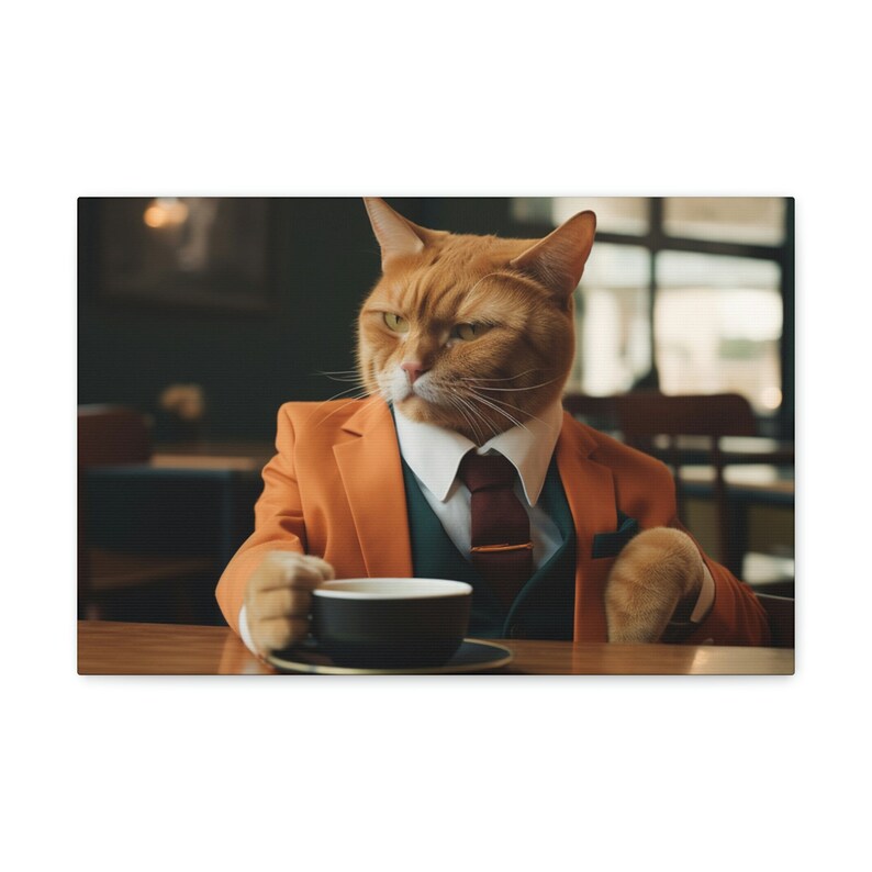 Canvas Orange Cat in a Suit Drinking Coffee Canvas Wall Art - Etsy