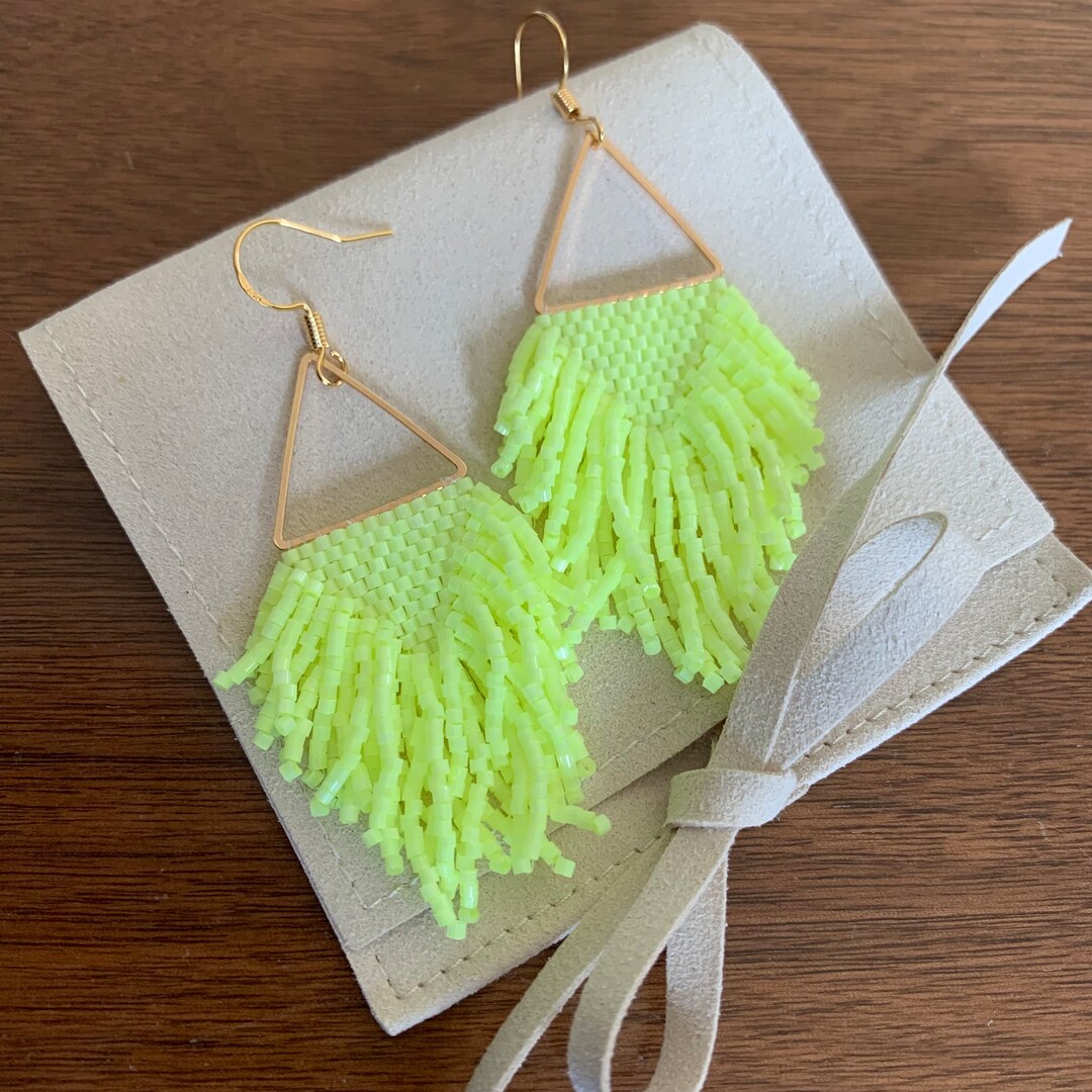 Beaded Boho Fringe Earring Handmade Triangle Bead Earring Neon Yellow ...