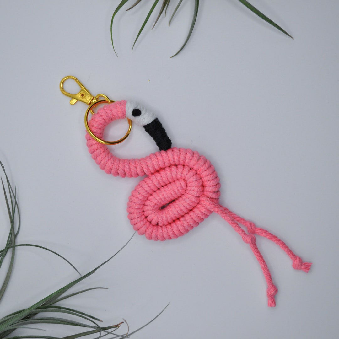 Macrame Flamingo Keychain With Clip Cute Pink Flamingo Key Ring - Etsy