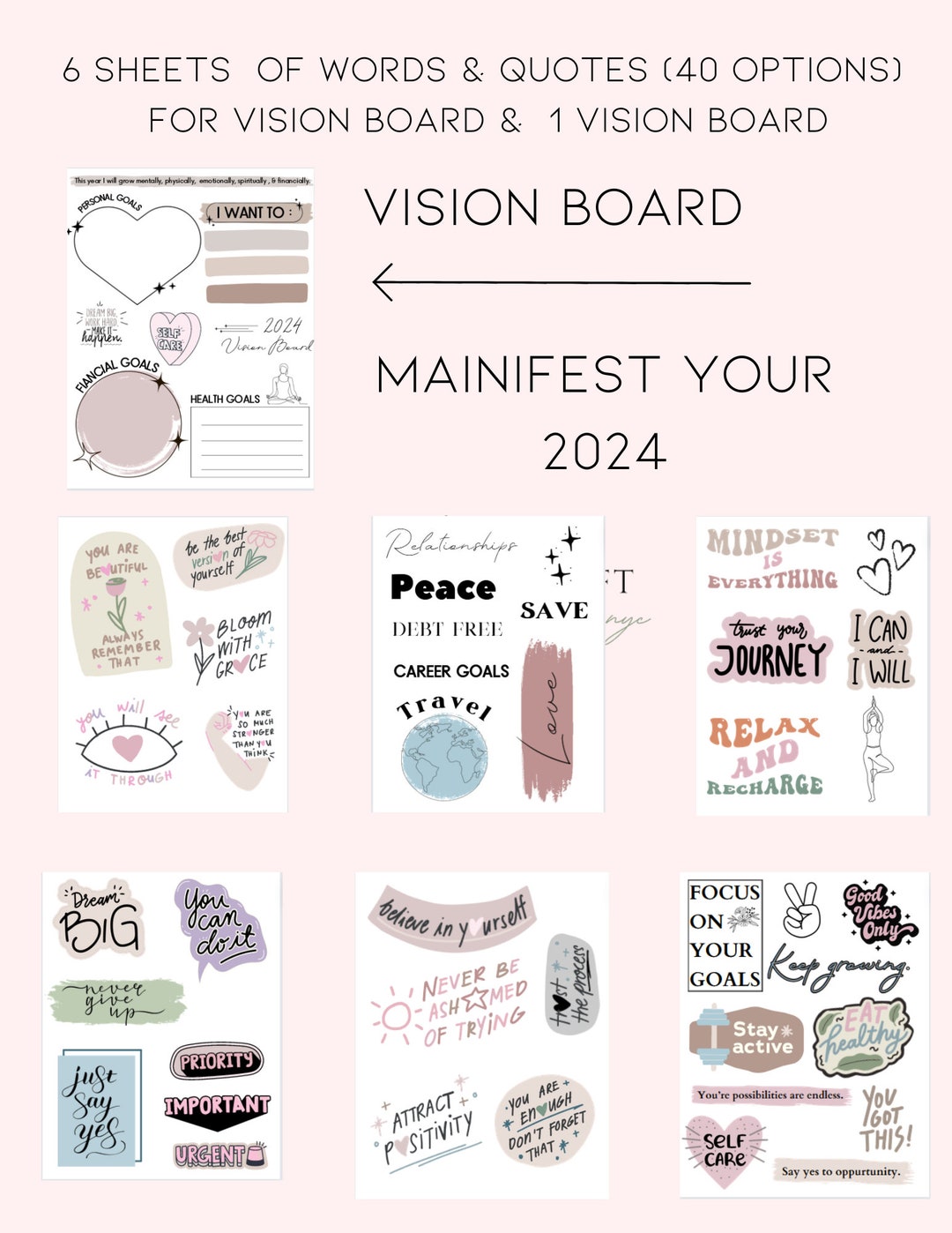 Digital and Printable 2024 Vision Board Kit Words and Sayings For ...