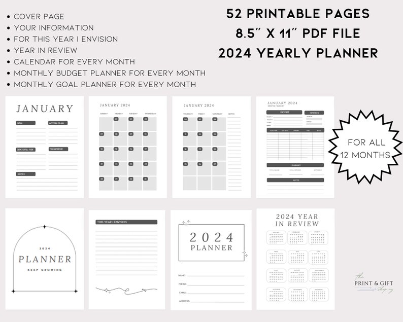 Minimal Style 2024 Monthly Planner, Printable Planner, 8.5 X 11 Size ...