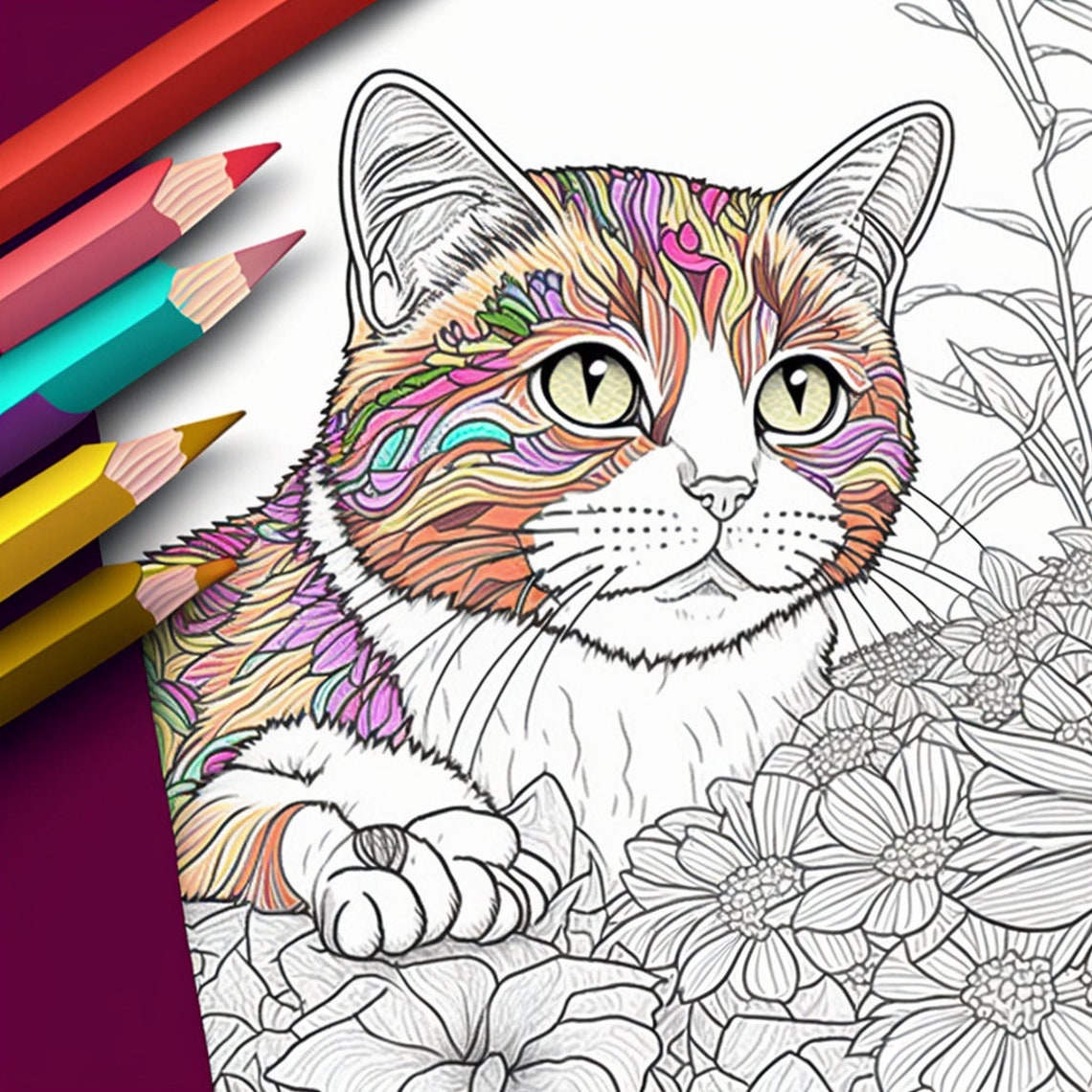 Digital Coloring Book -- Cat Themed Coloring -- 15 Total Pictures - Etsy