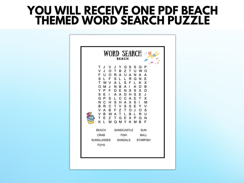 Word Search Puzzle for Kids With Beach Theme Instant Download Printable ...
