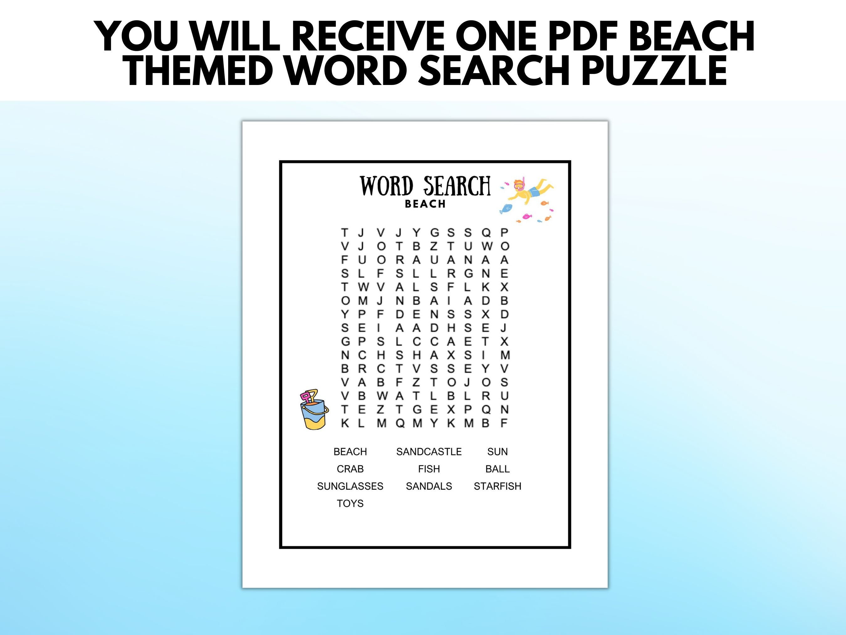 Word Search Puzzle for Kids With Beach Theme | Instant Download ...