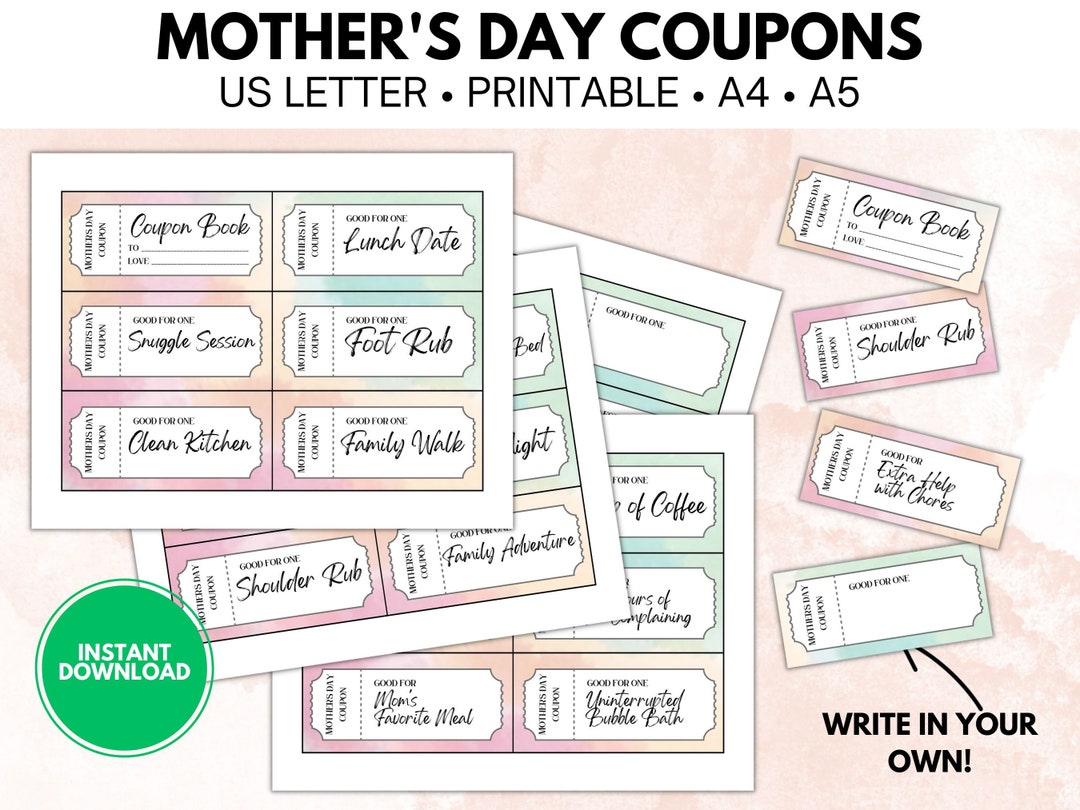 Printable Mother's Day Coupon Book | Instant Printable Gift for Mom ...