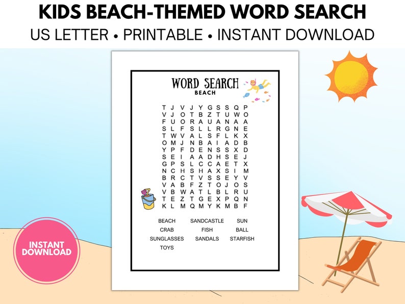 Word Search Puzzle for Kids With Beach Theme Instant Download Printable ...
