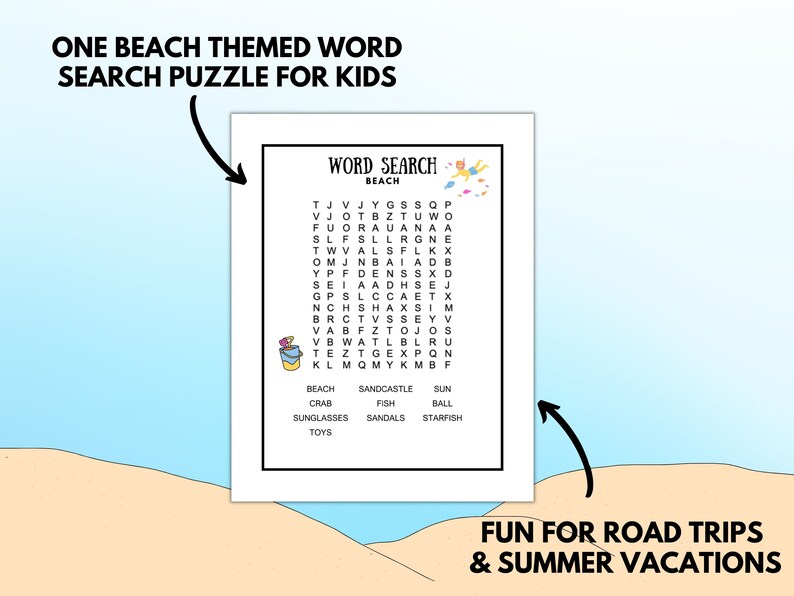 Word Search Puzzle for Kids With Beach Theme | Instant Download ...