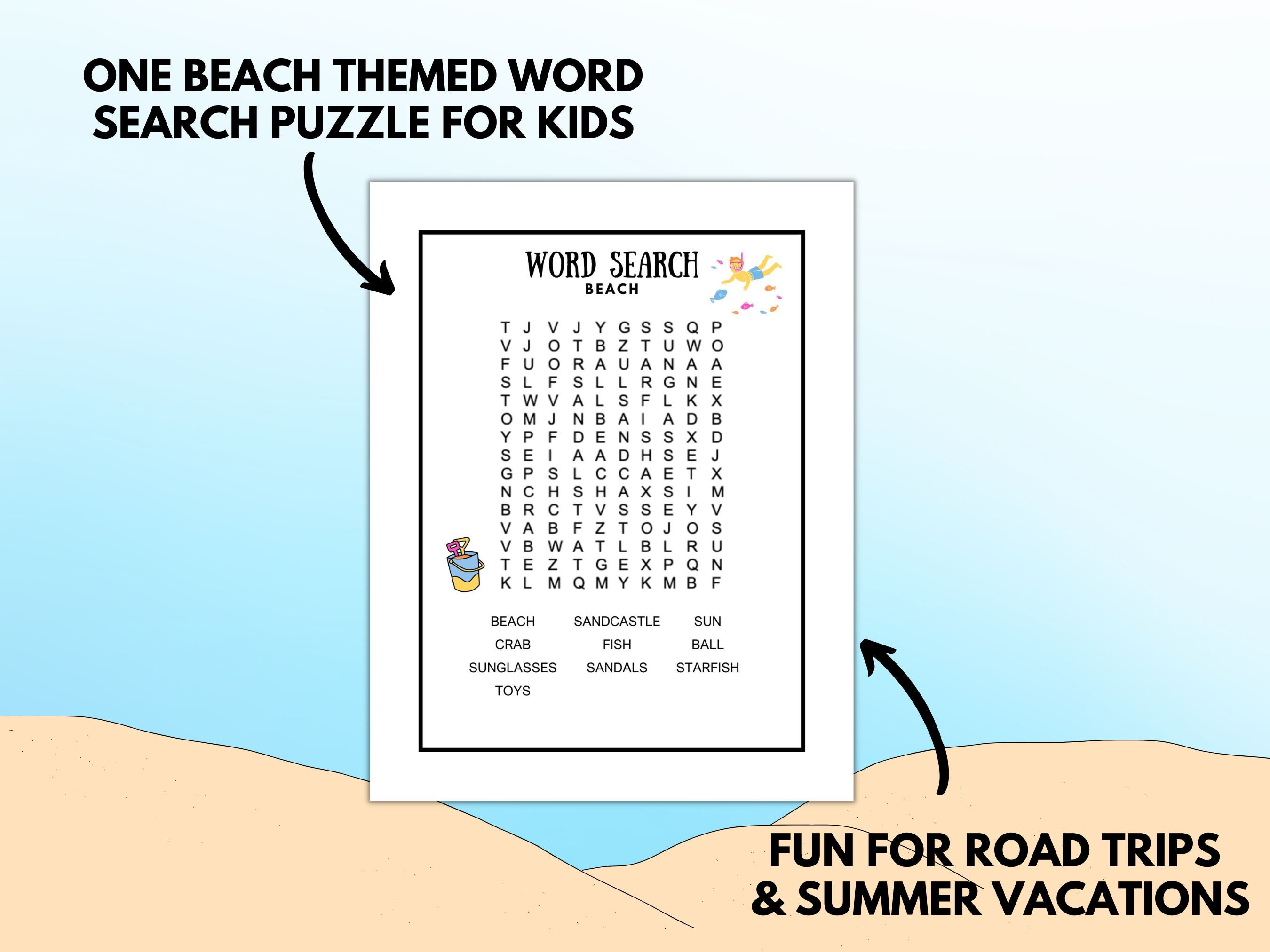 Word Search Puzzle for Kids With Beach Theme | Instant Download ...