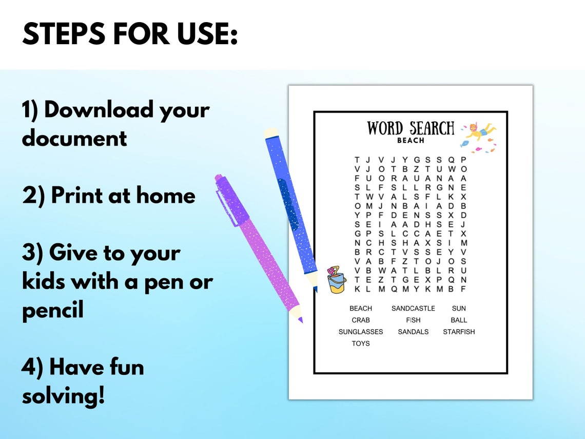 Word Search Puzzle for Kids With Beach Theme Instant Download Printable ...
