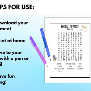 Word Search Puzzle for Kids With Beach Theme | Instant Download ...