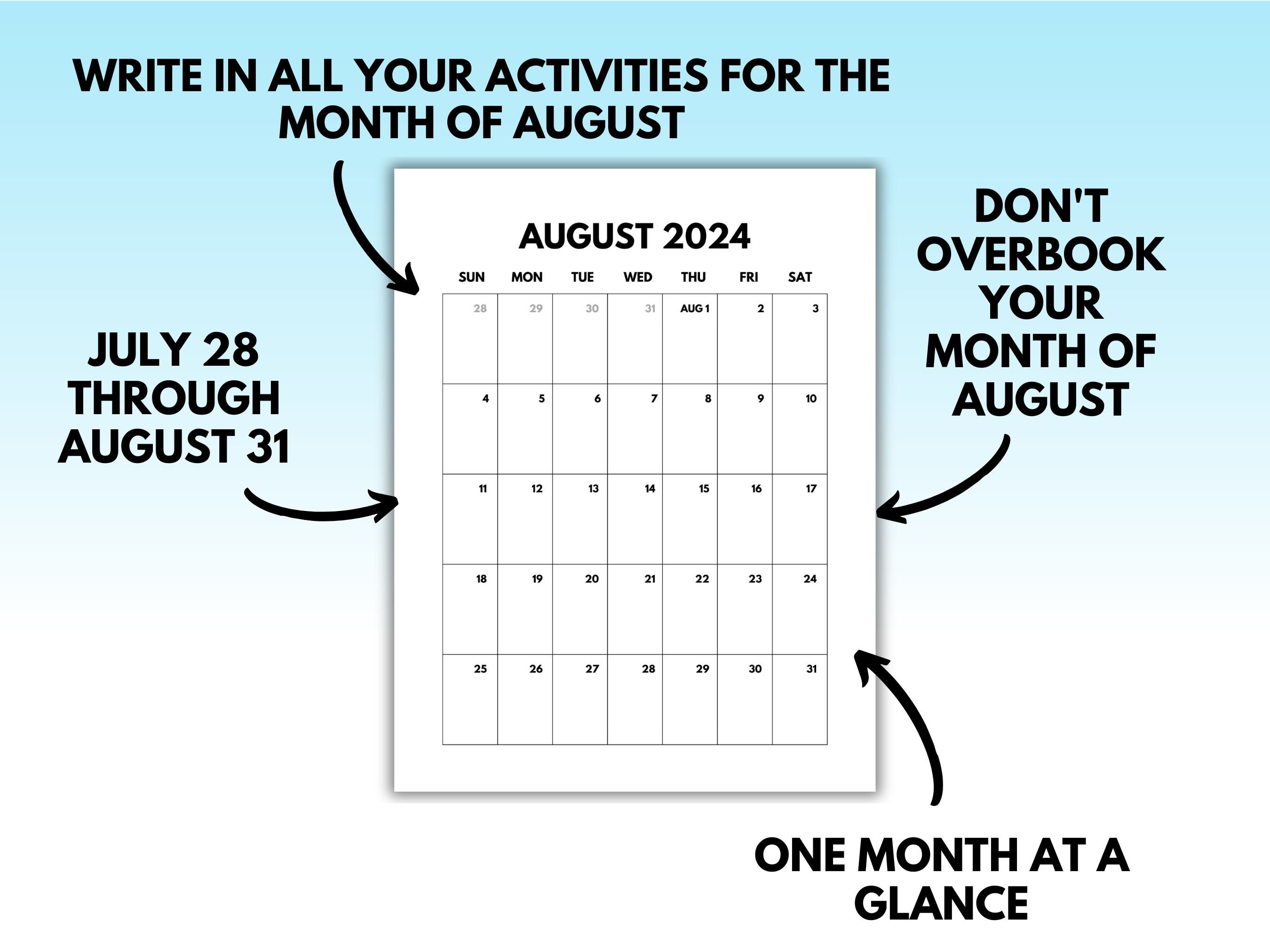 2024 August Printable Calendar Planner Blank Calendar Calendar for ...