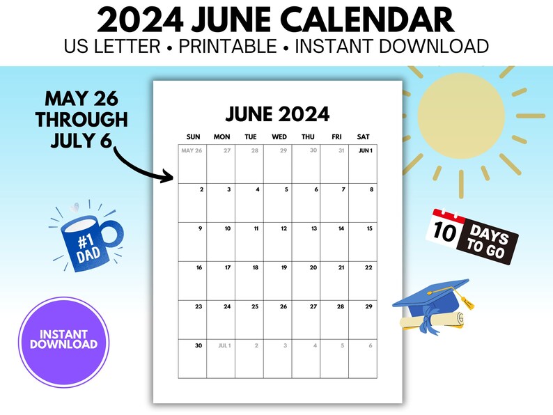 2024 June Printable Calendar Planner Blank Calendar Calendar for Fridge ...