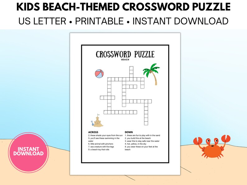 Crossword Puzzle for Kids With Beach Theme | Starfish, Crab, and More ...