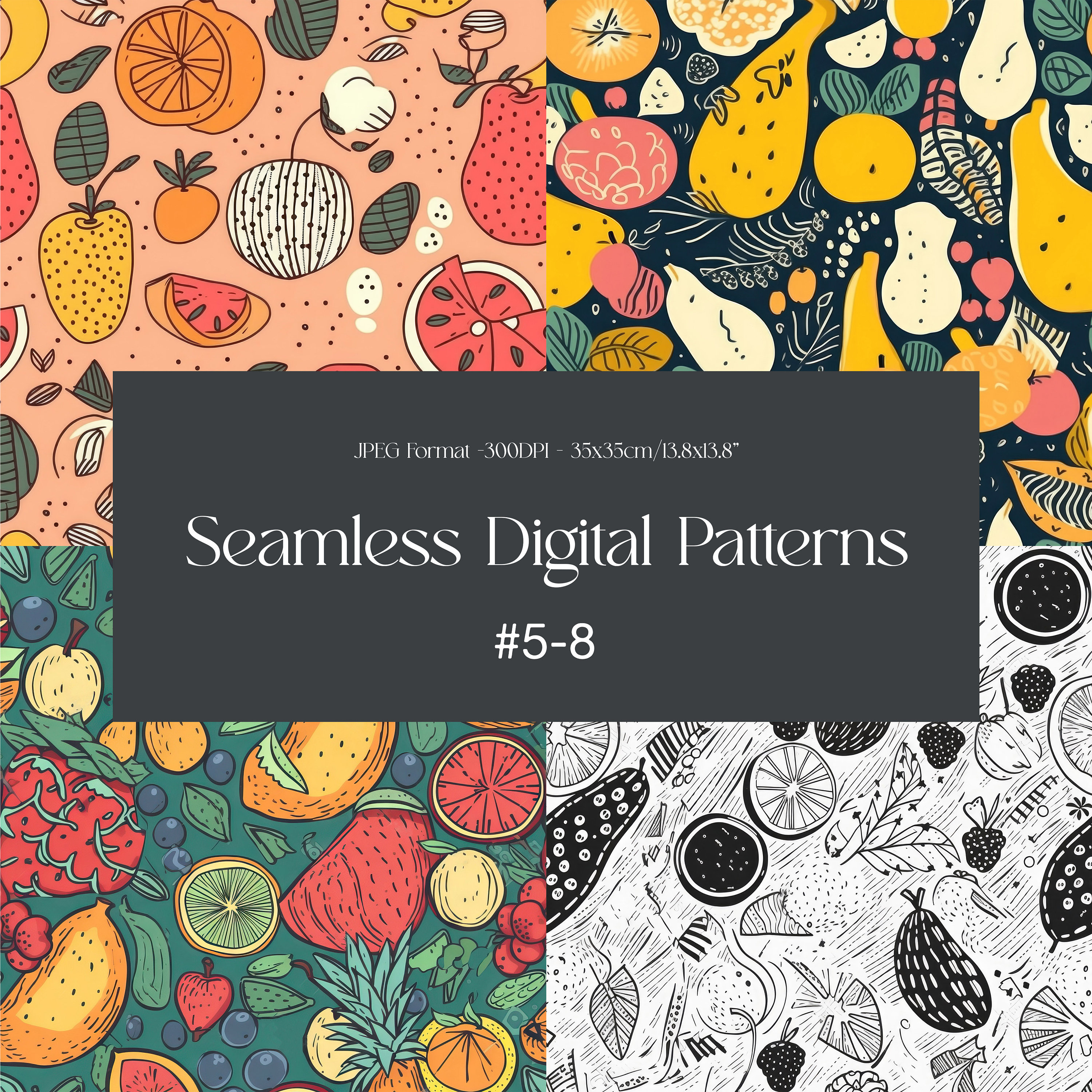 Peachy-patterns 20 Seamless Patterns Fruit Banana Watermelon Pineapple ...