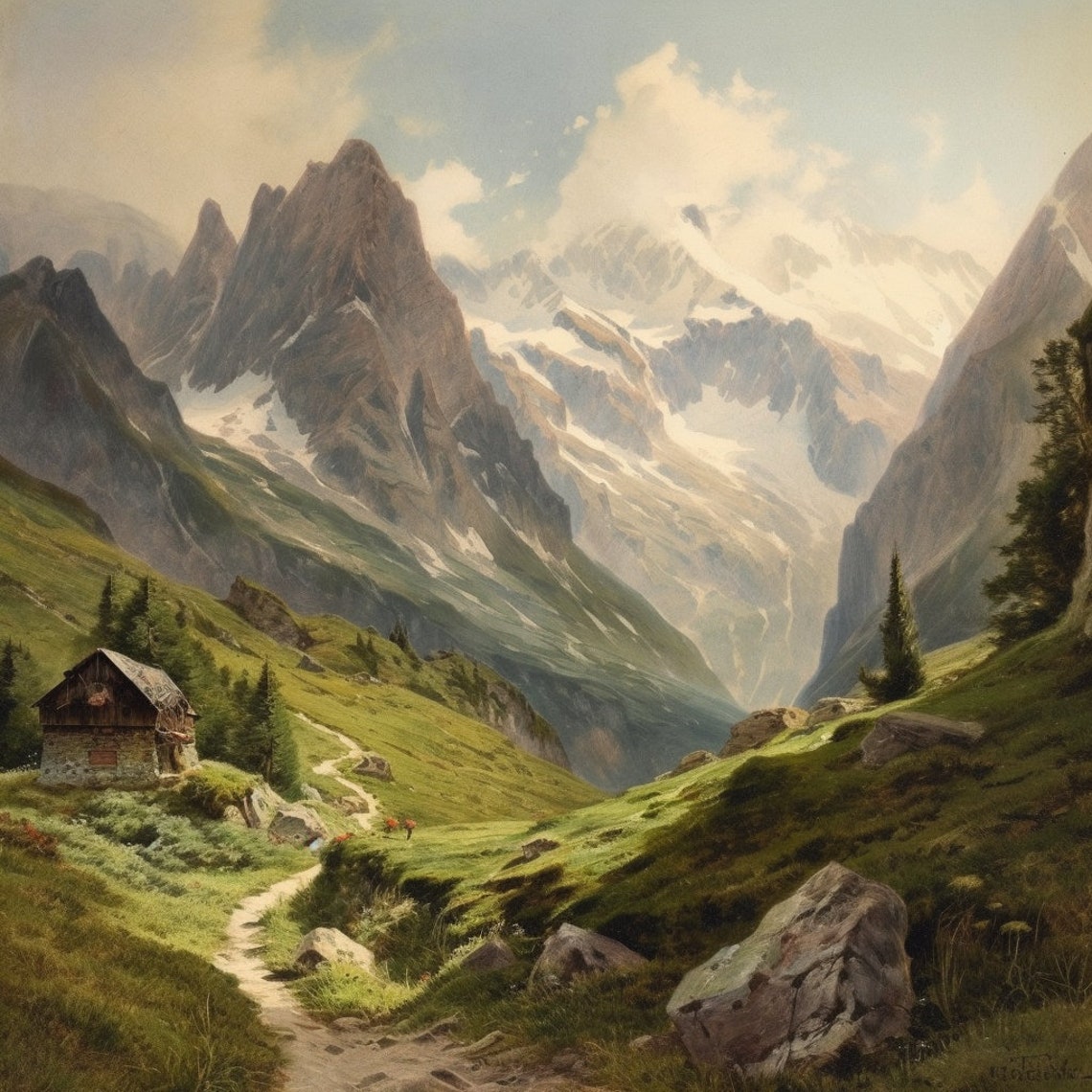 Swiss Alps Mountains Vintage Art Printable Vintage Painting Digital Art ...