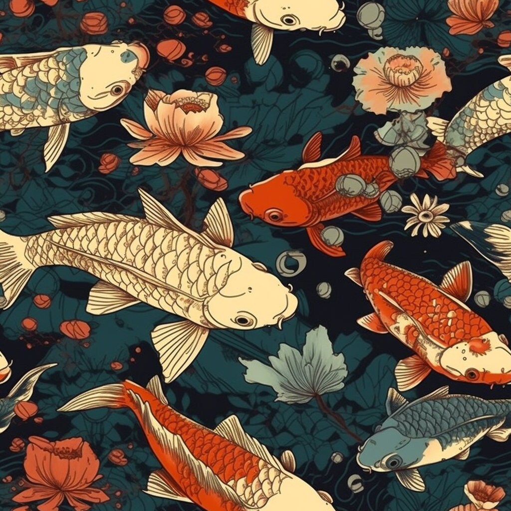 Koi Fish Seamless Pattern 2 Printable Digital Painting - Etsy