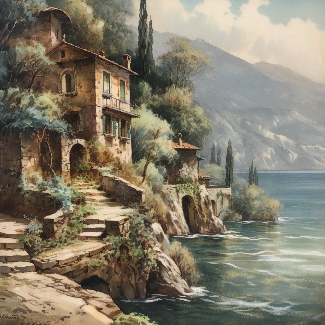 Lake Como Italy Vintage Art Printable Digital Painting Digital Art ...
