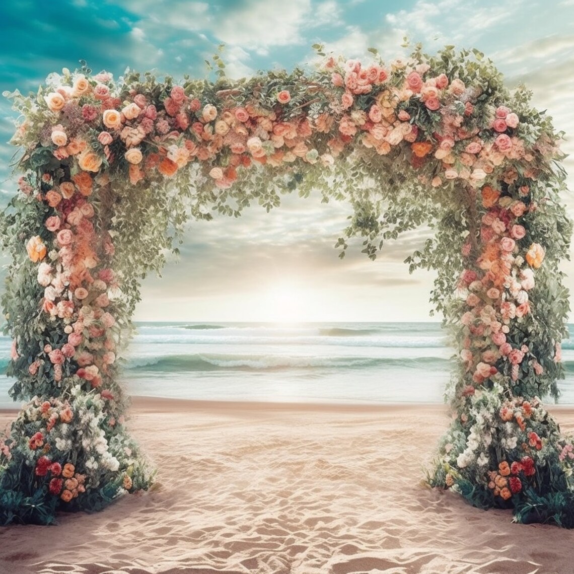 Floral Archway Beach Backdrop, Floral Digital Backdrop Overlay ...