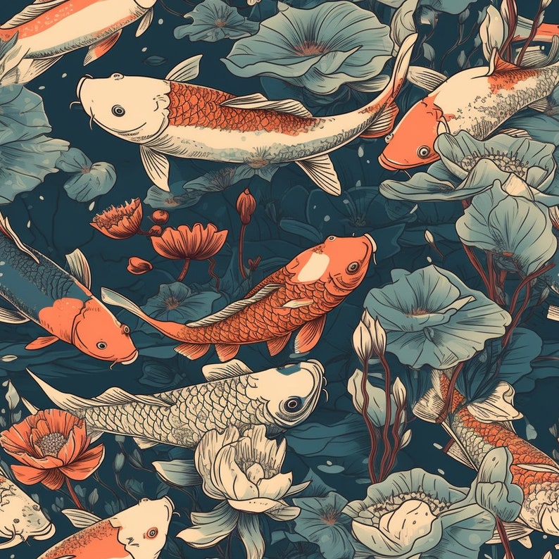 Koi Fish Seamless Pattern 3 | Printable Digital Painting | Digital Art ...