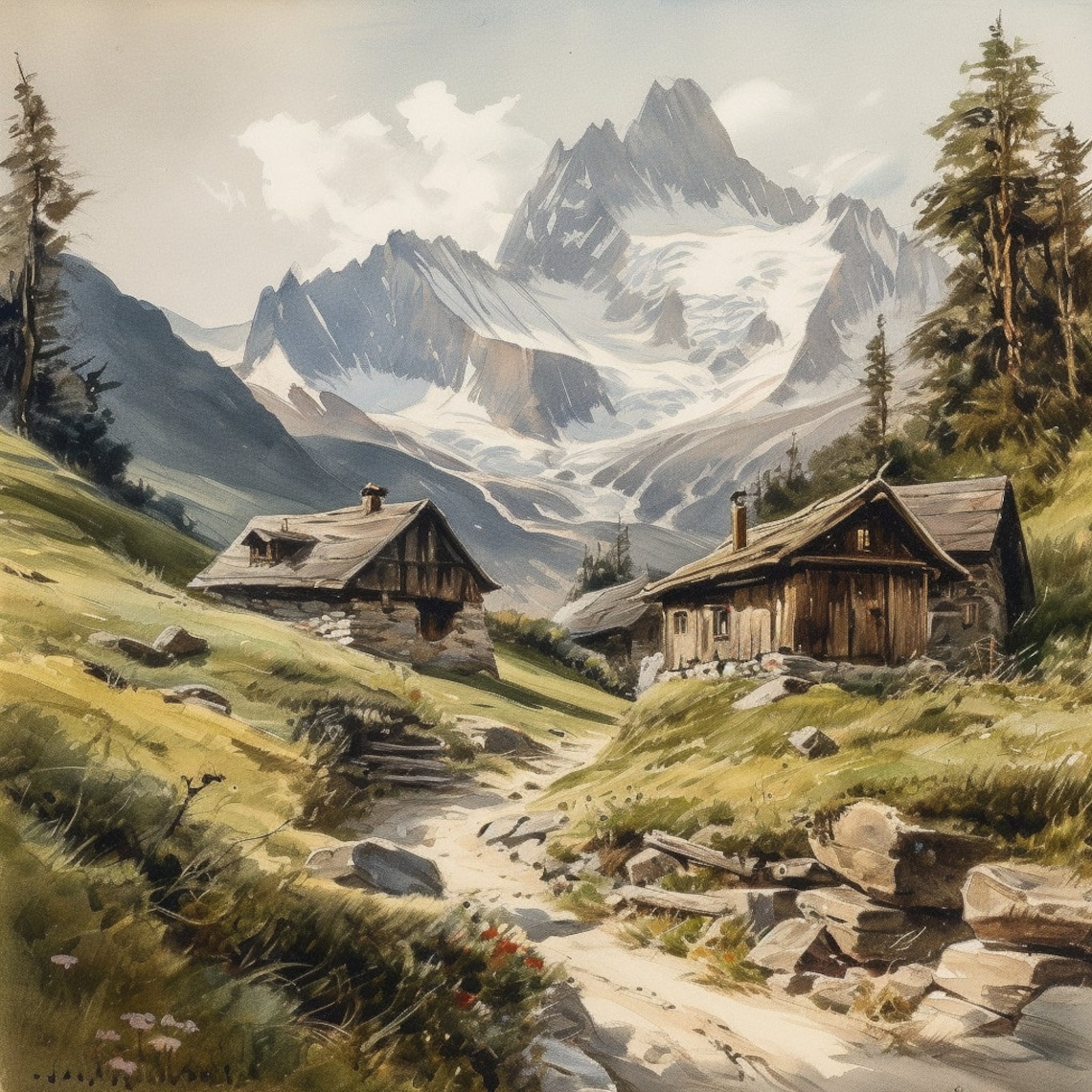 Swiss Alps Mountains Vintage Art Printable Vintage Painting Digital Art ...