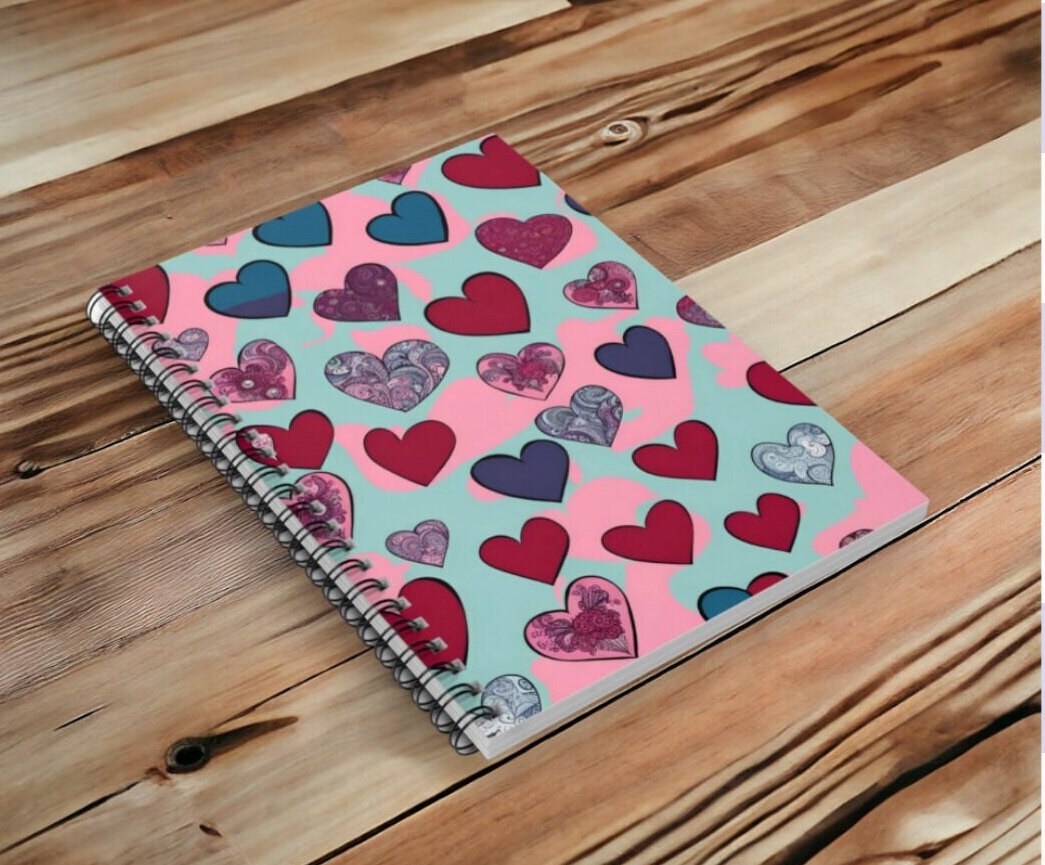 Cute Hearts Spiral Notebook Ruled Line, Pink Hearts, Blue and Red Heart ...