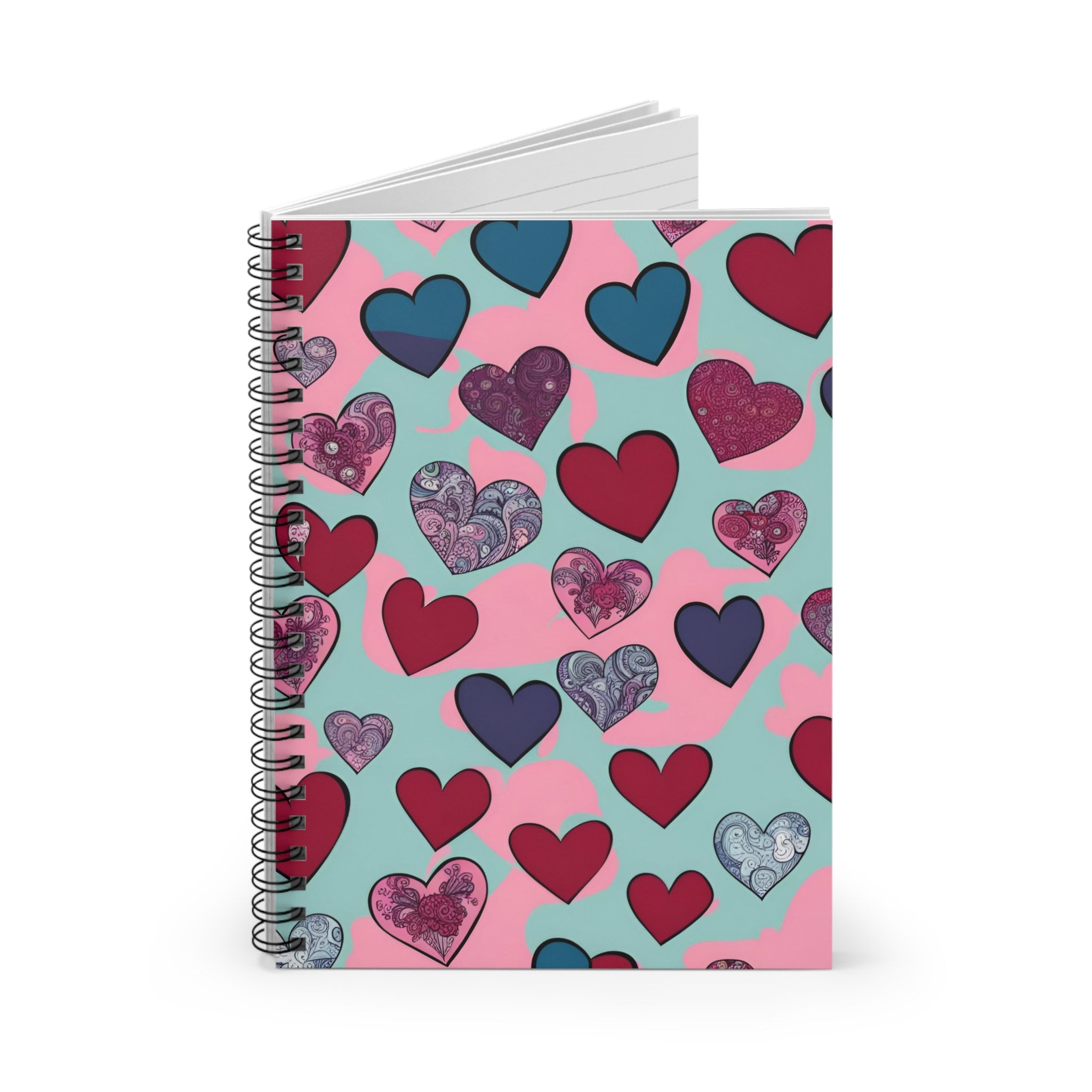 Cute Hearts Spiral Notebook Ruled Line, Pink Hearts, Blue and Red Heart ...