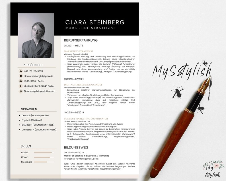 German Resume Template Canva: CV Cover Letter Application (A4 Digital ...