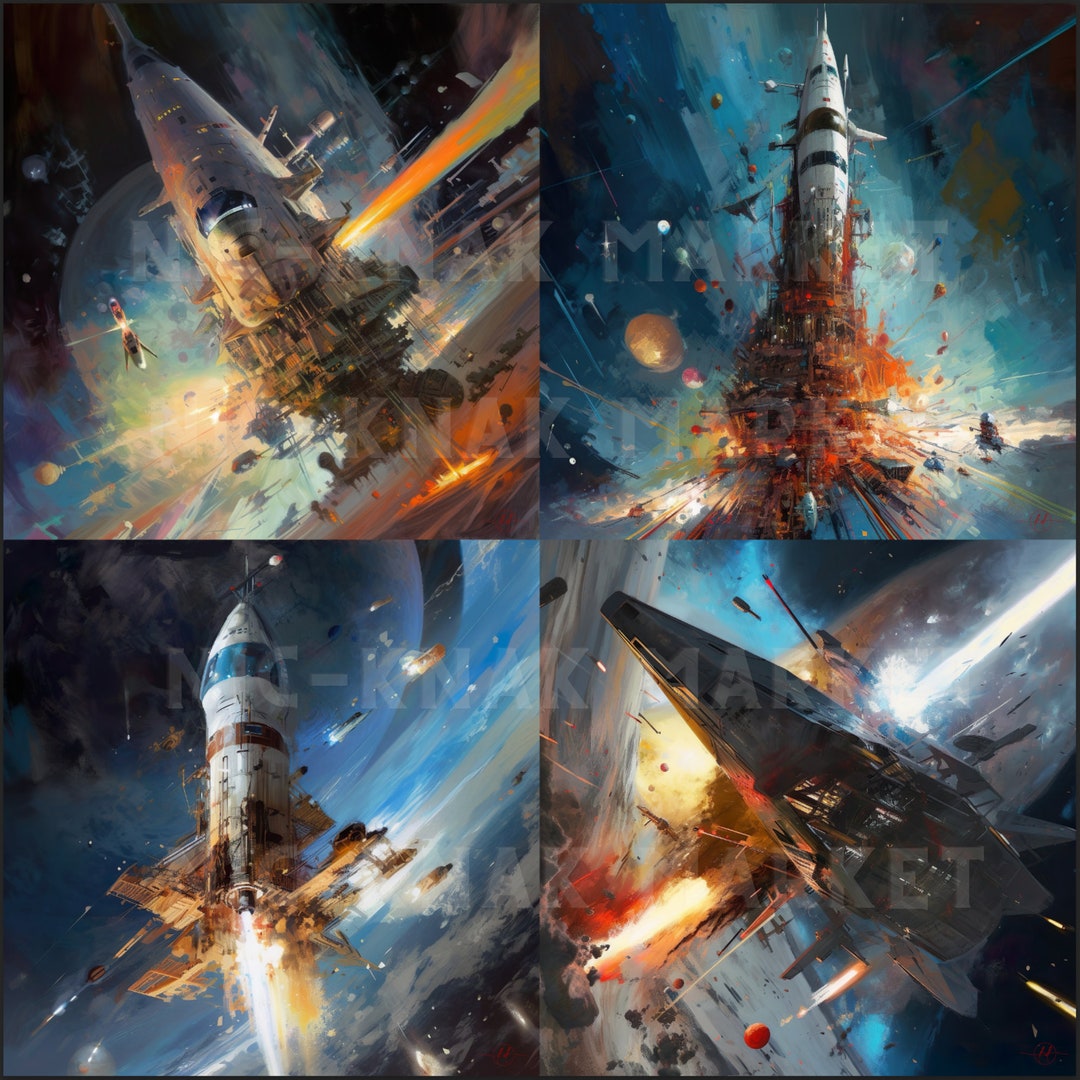 Starship Illustration Art Prints: Sci-fi Space Poster Set (digital ...