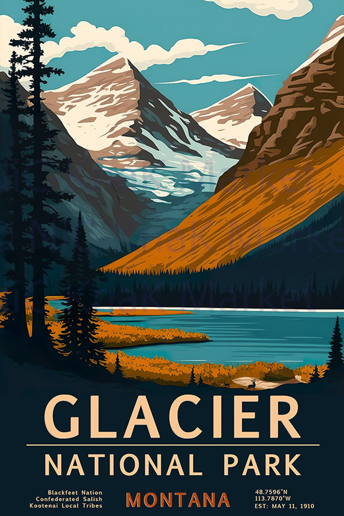 Glacier National Park Vintage Travel Poster: Retro Art Print (digital ...