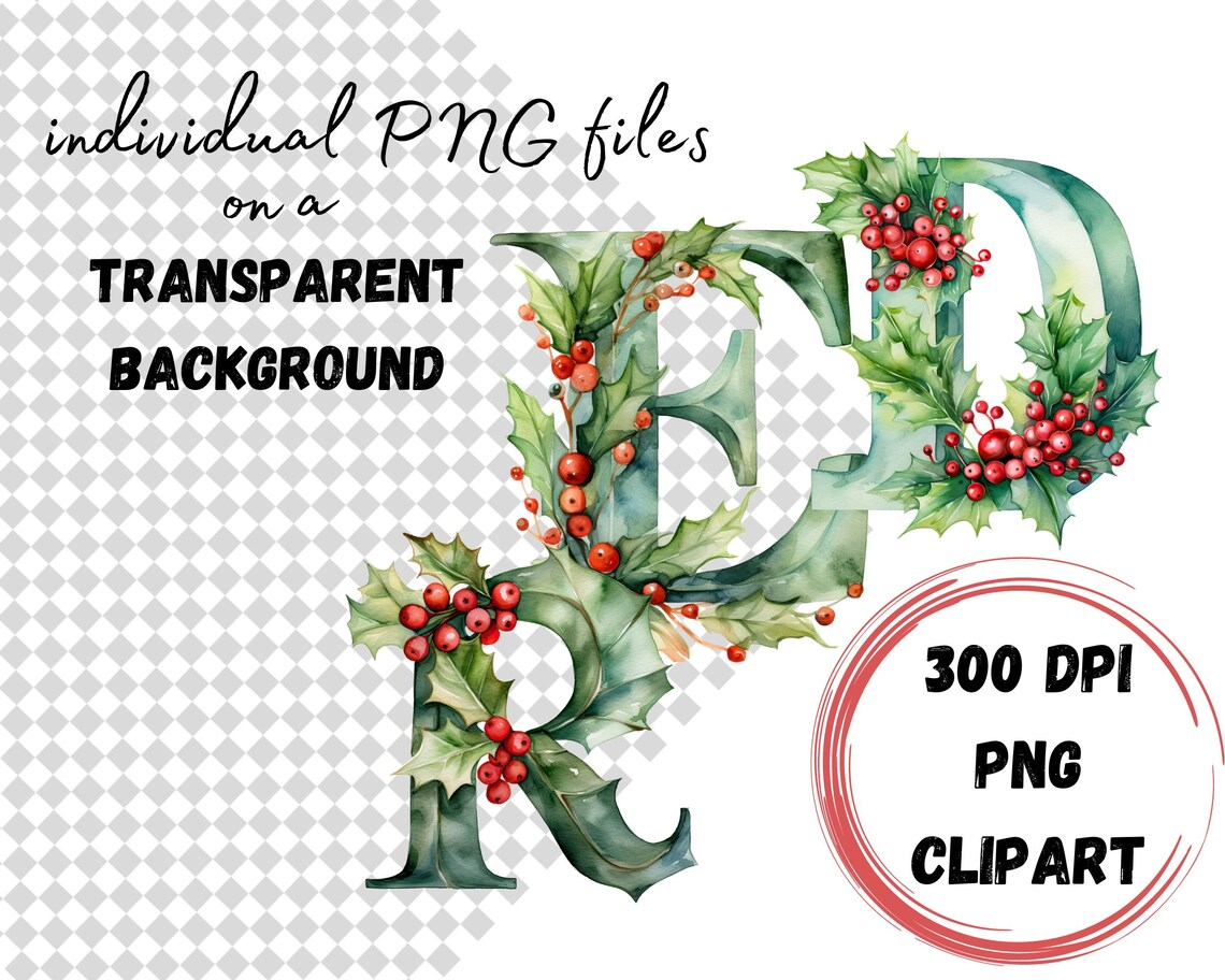 Christmas Holly Alphabet Watercolor PNG Clipart Bundle, English ...