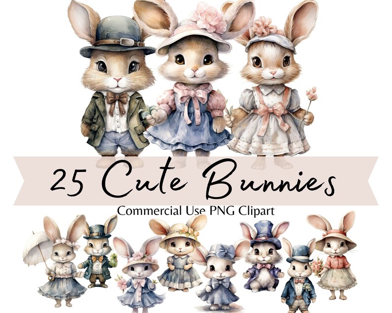 Watercolor Cute Bunny Clipart, Vintage Dressed Bunnies PNG, Nursery Art ...