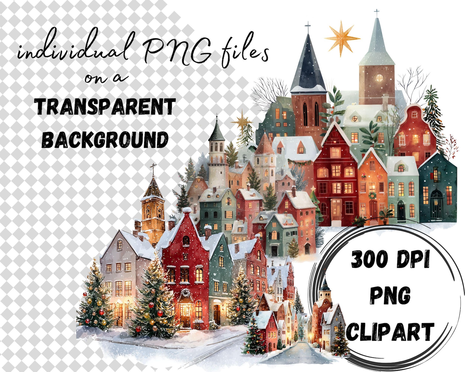 Christmas Village Clipart, Nordic Winter Red Houses PNG, Watercolor ...