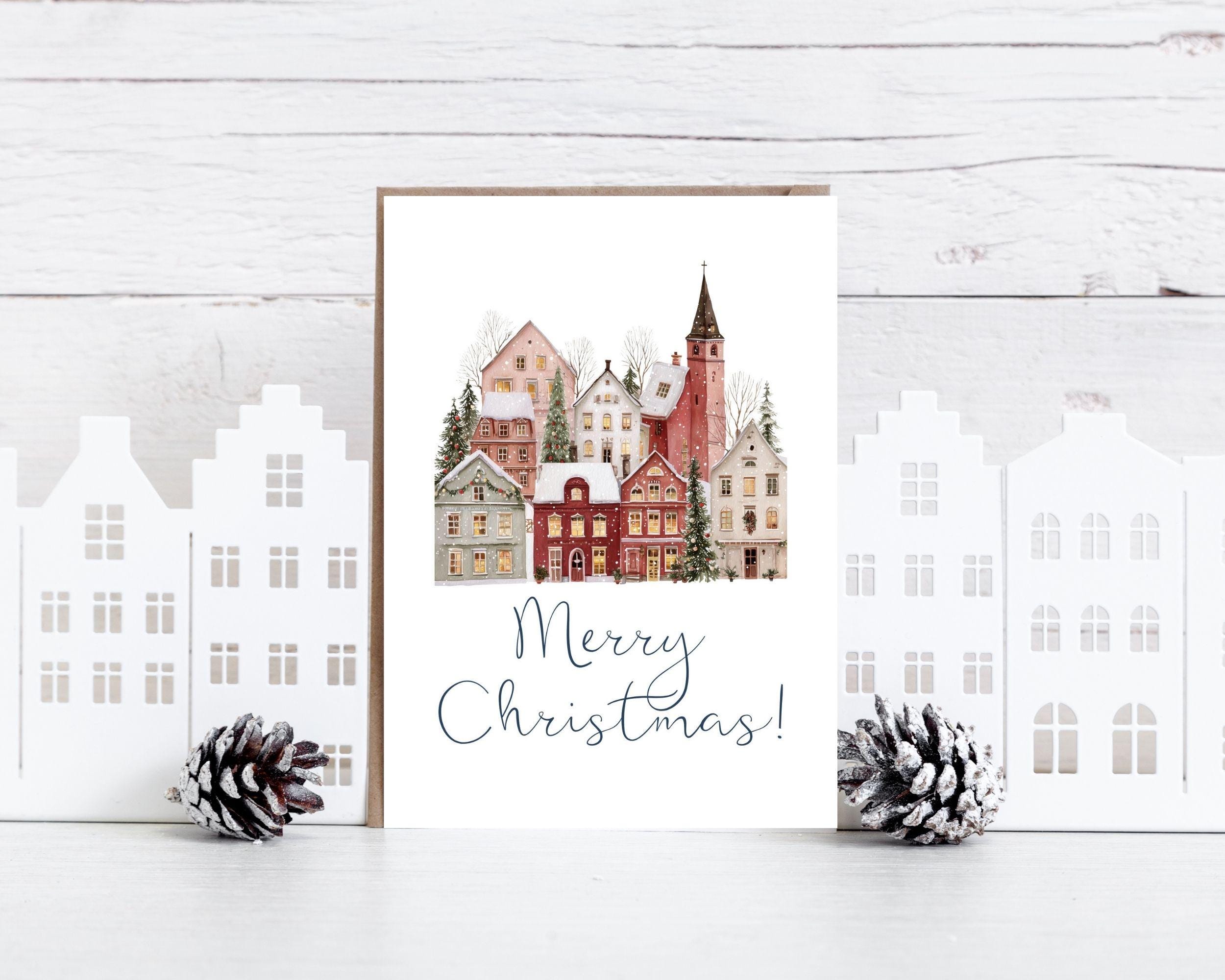 Christmas Village Clipart, Nordic Winter Red Houses PNG, Watercolor ...