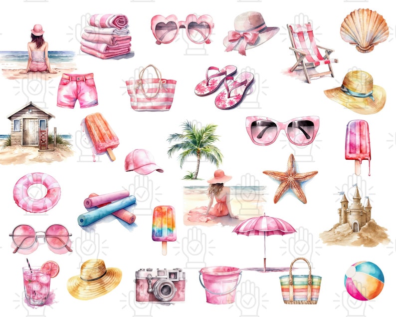 Summer on the Beach, Ocean Travel Digital Beach Clipart, Watercolor ...