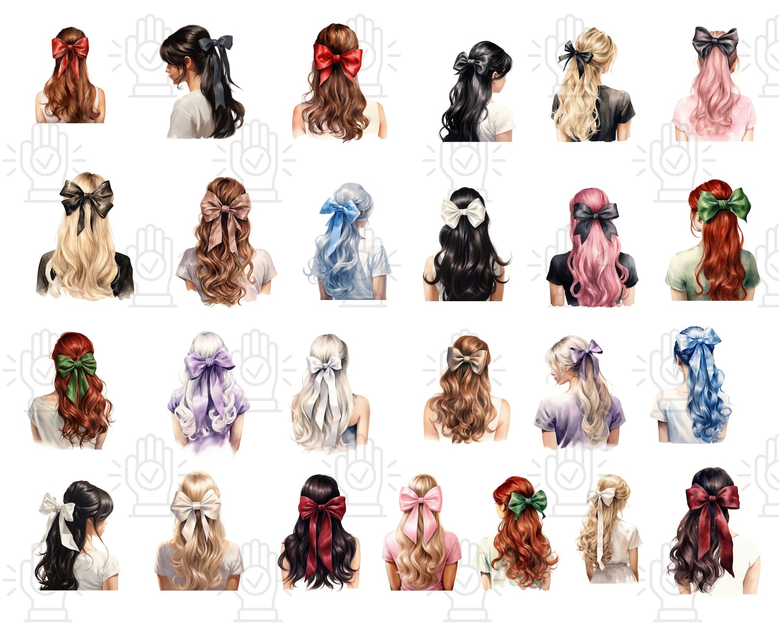 Girl Hairstyle Bow in the Hair Clipart, Hair Ribbons PNG Watercolor ...