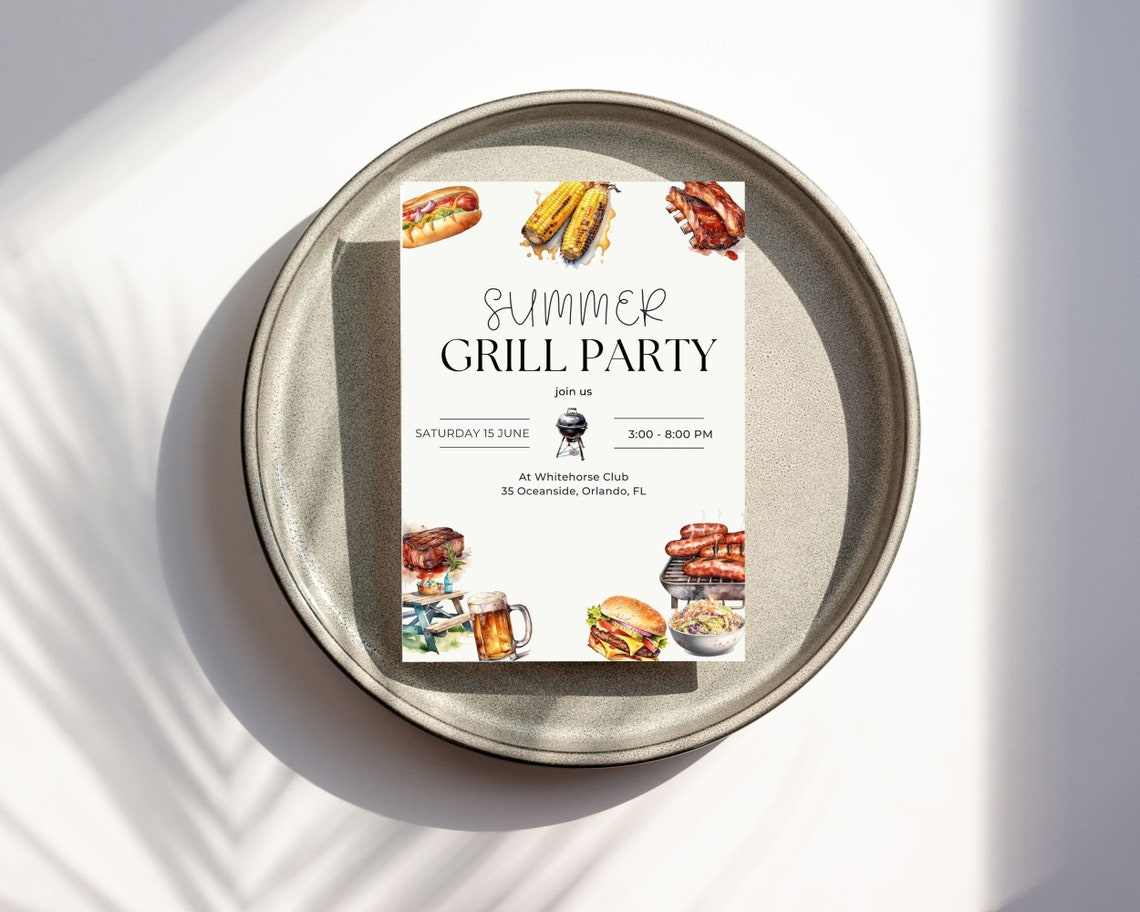 BBQ Summer Party, Grill Picnic Garden Clipart, Watercolor Barbecue Food ...